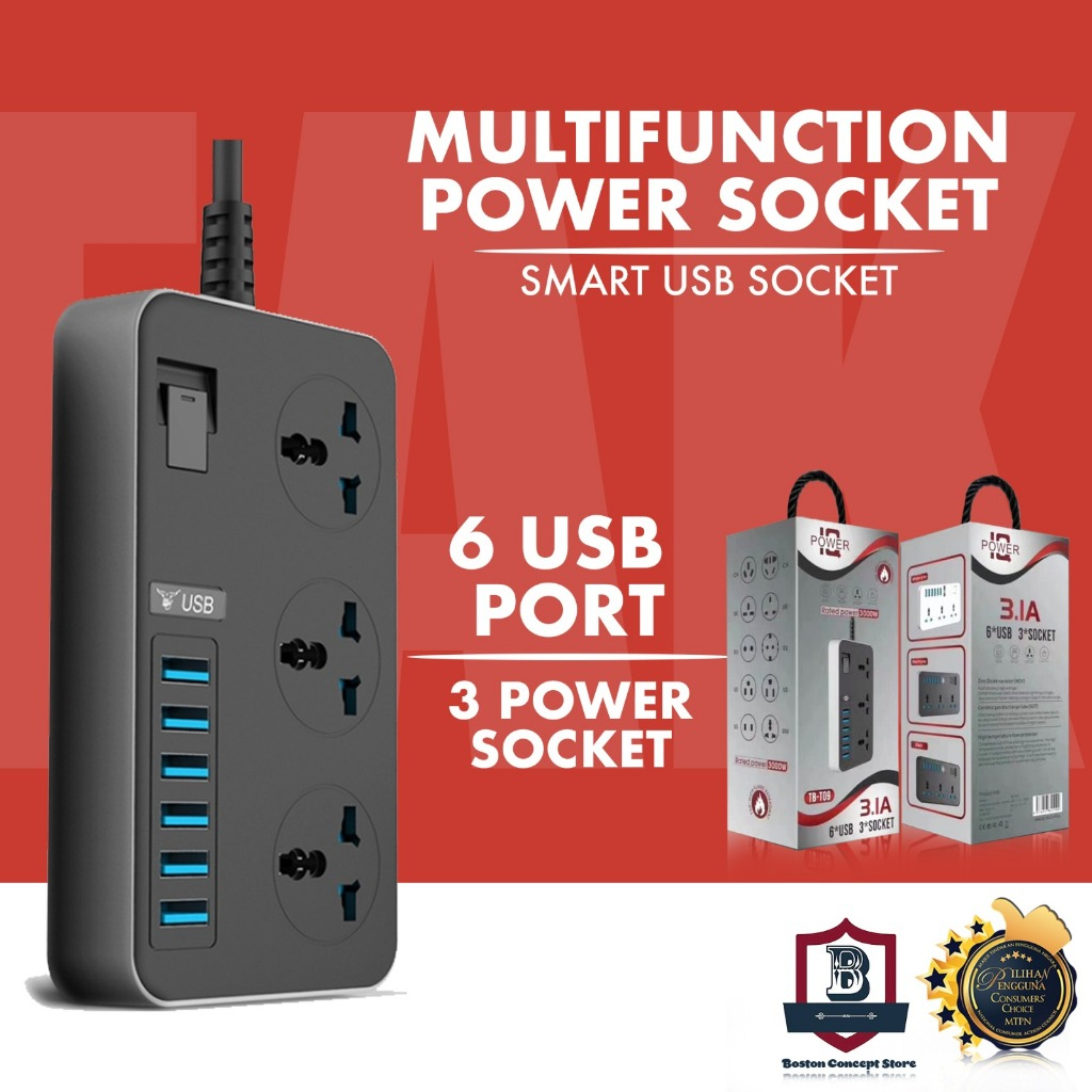 TB-T09 3 Socket 6 USB Power Socket Extension 3000W 2-Meter Universal Power Extension UK Plug USB ...