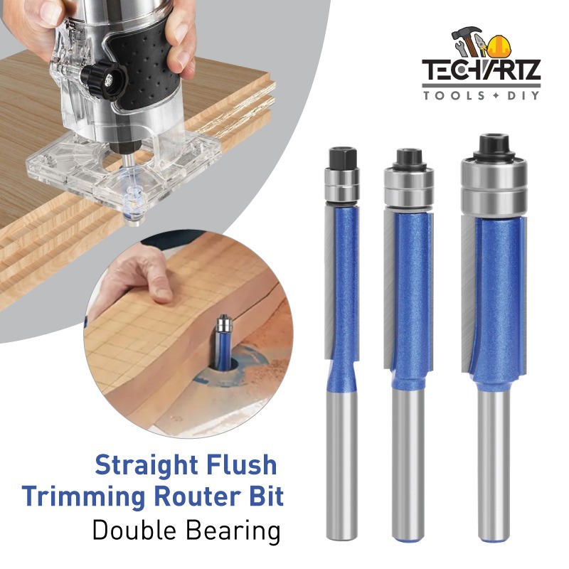 Straight Flush Trimming Router Bit Double Bearing 1/4" Shank Double ...