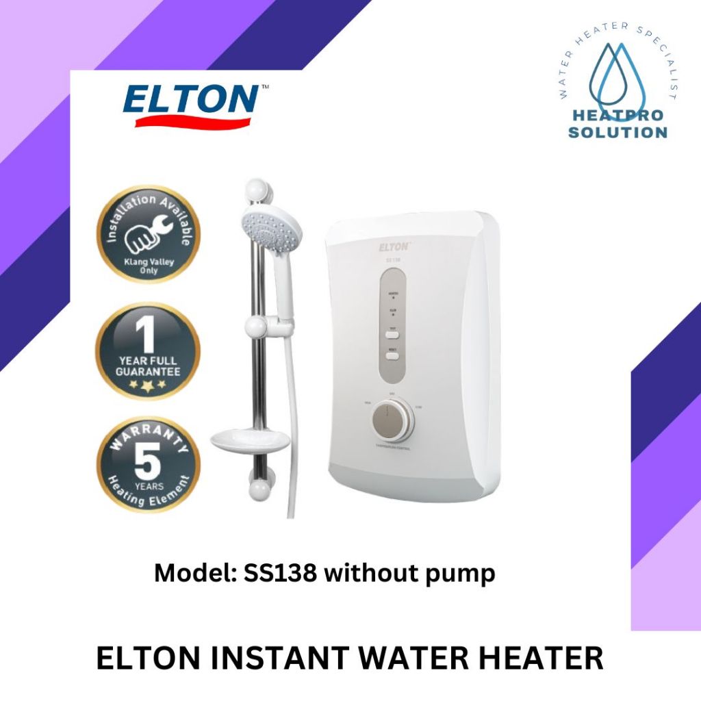 Elton Instant Water Heater SS138 without pump and 5 Multi Adjustable Shower Head [5 years ...