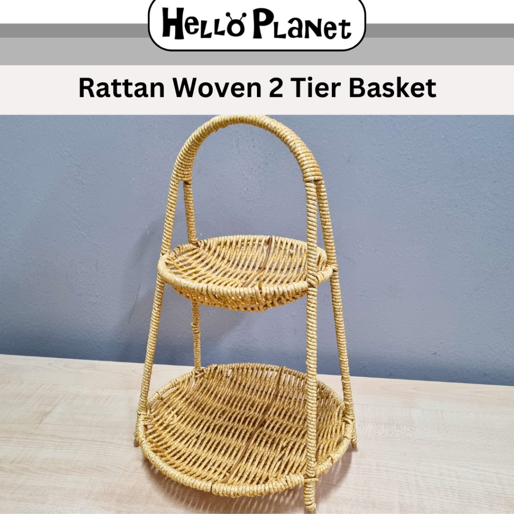 [READY STOCK] Woven Rattan 2-Tier Basket with Handle | 纸绳手提两层礼篮 托盘 ...
