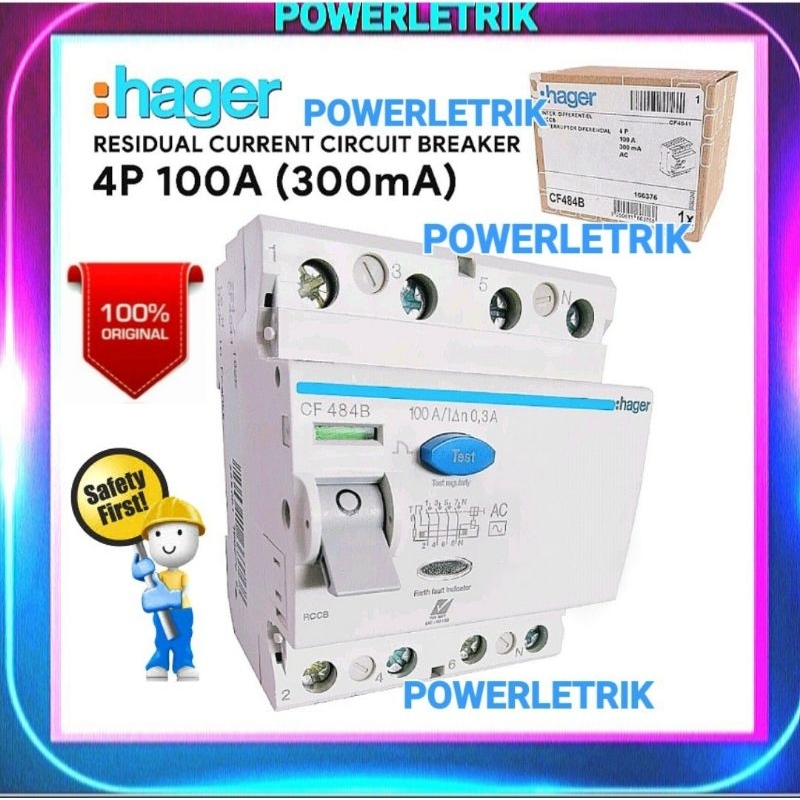 HAGER CF684B 4 POLE 100A 300mA(0.3A) ELCB RCCB 415V THREE PHASE - 💯 ORIGINAL MADE IN FRANCE ...