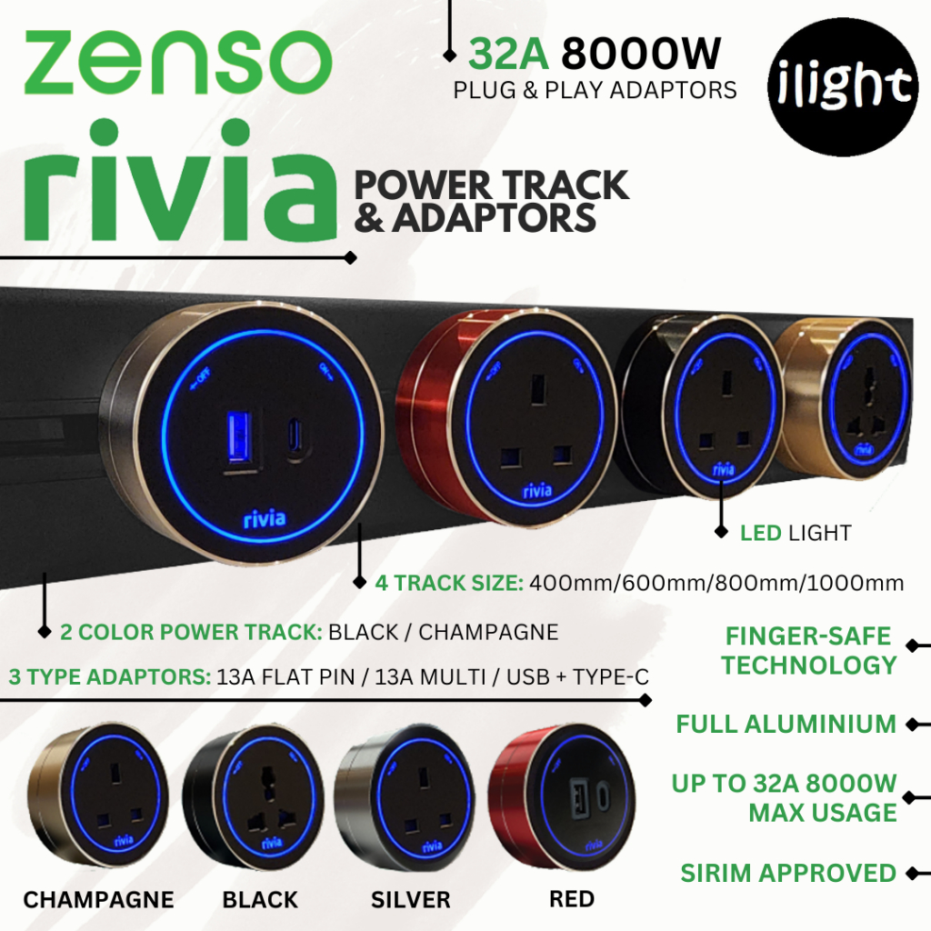 ZENSO RIVIA Power Track & Adaptor 13A Flat Multi Uni USB Type A+C ...