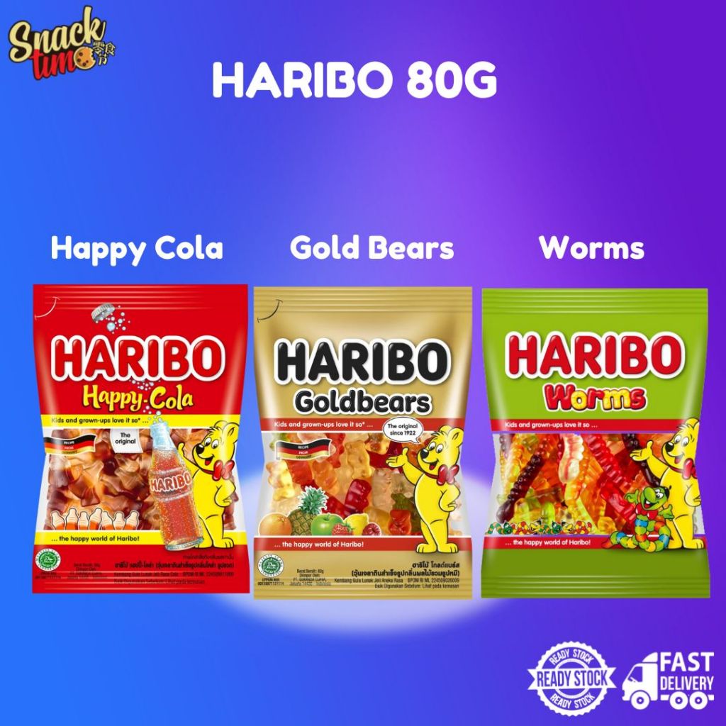 Haribo Gummy Candy 80g (Happy Cola, Gold Bears, Worms) | Shopee Malaysia
