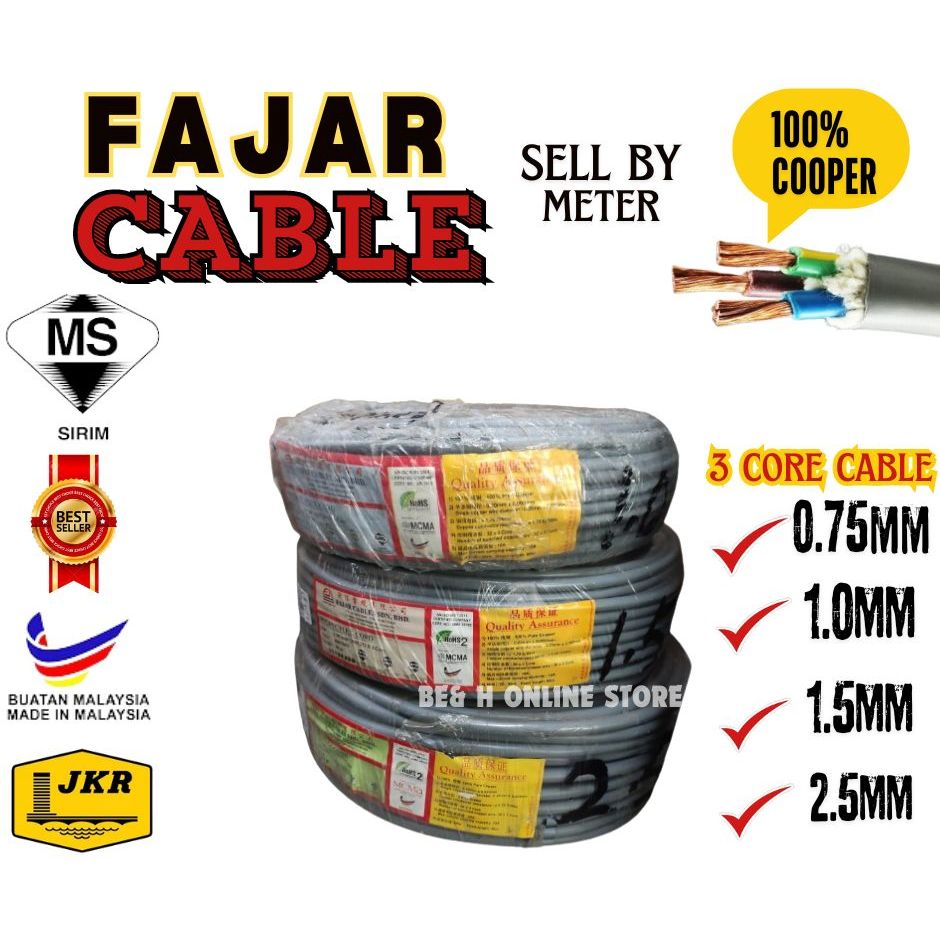 FAJAR CABLE BY METER 3 CORE 100% COOPER JKR CERTIFIED SIRIM | Shopee ...