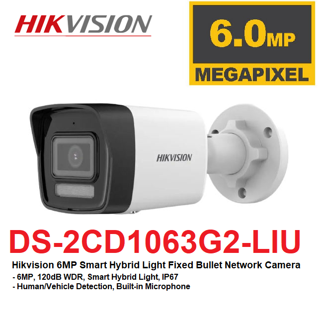 Hikvision DS-2CD1063G2-LIU Hikvision 6MP Smart Hybrid Light Bullet Network Camera With Mic ...