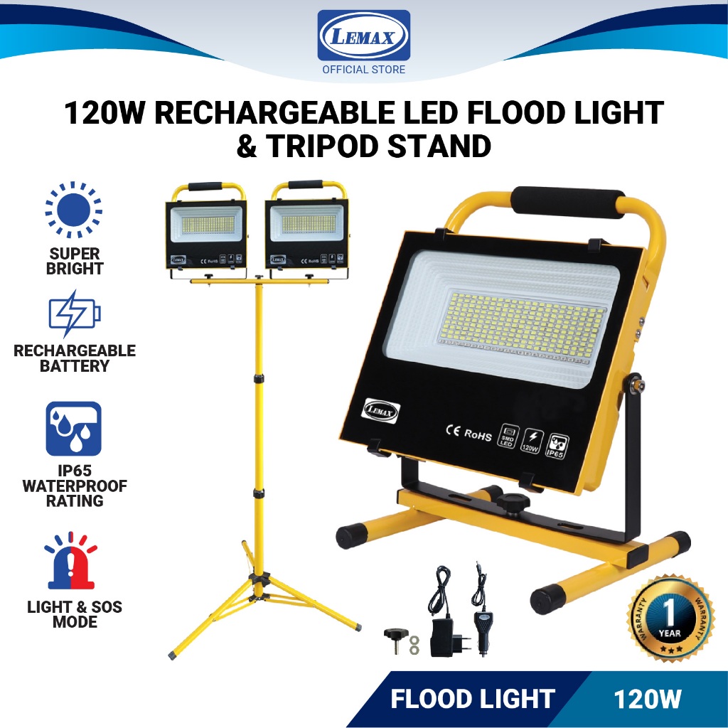 LEMAX 120W Super Bright Rechargeable LED Flood Light Waterproof Emergency Spotlight 20W Outdoor ...