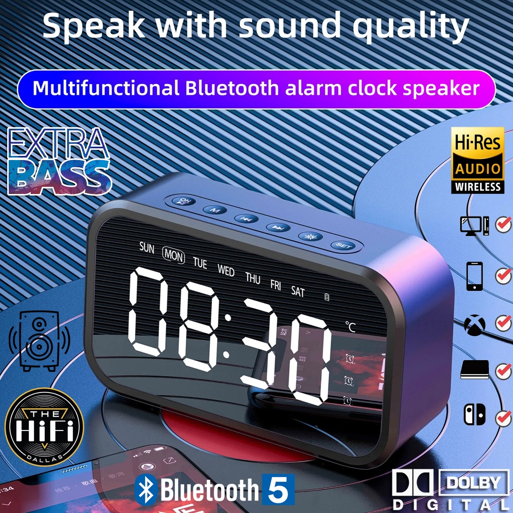 【Premium】HiFi Bluetooth Speaker with LED Alam Clock Wireless Speaker 9D ...