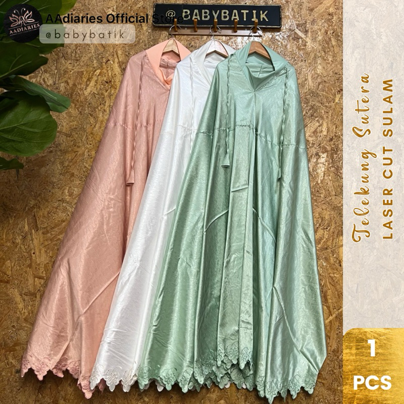 Telekung Sutera Satin Silk Sulam Laser Cut Free Bag Uncang / Telekung ...