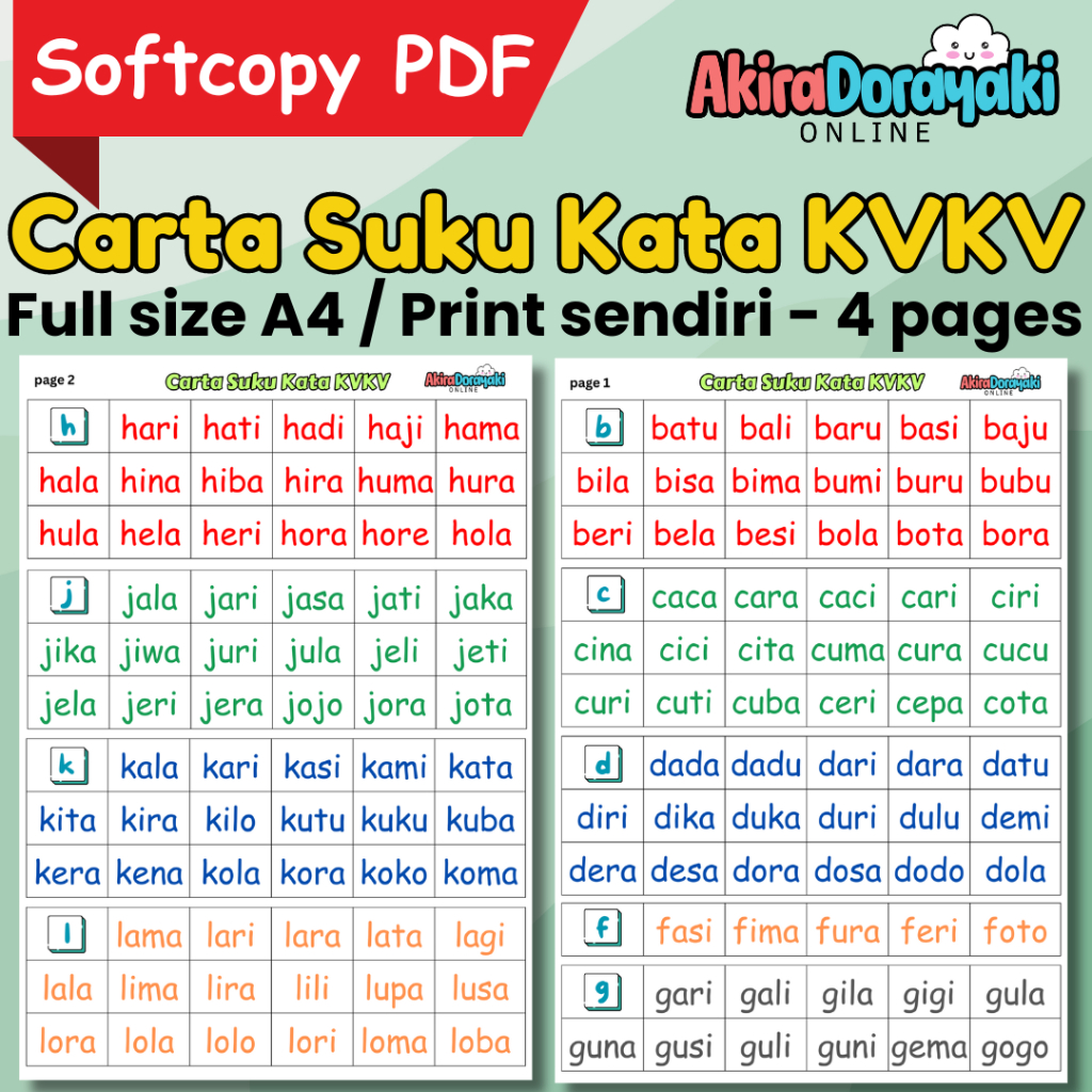 PDF softcopy KVKV Carta Suku Kata Print sendiri Latihan Membaca pra sekolah | Shopee Malaysia