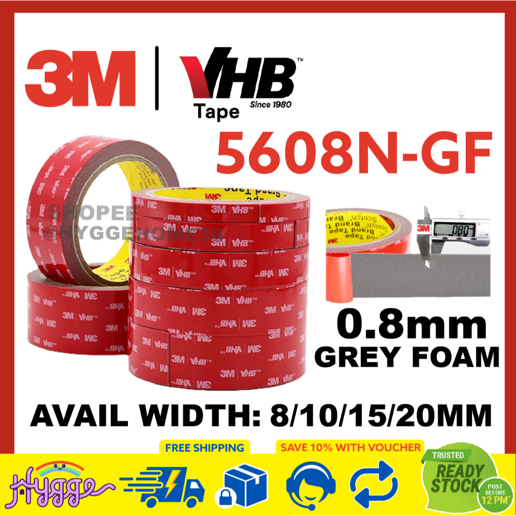3M VHB Double Sided Strong Tape Original 5608N-GF Grey Foam 0.8mm Heavy Duty Heat Resistant ...