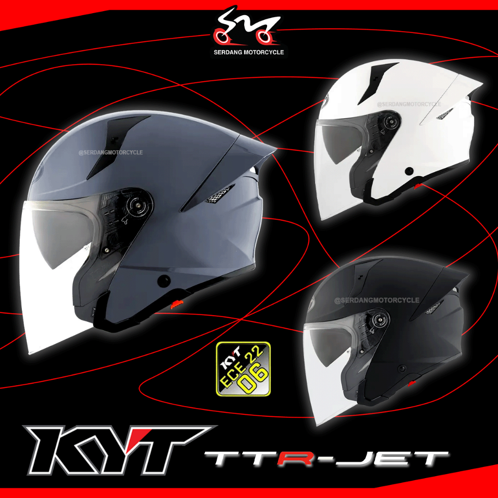 KYT HELMET KYT TTR JET PLAIN GREY BLACK WHITE OPEN FACE HELMET DOUBLE ...
