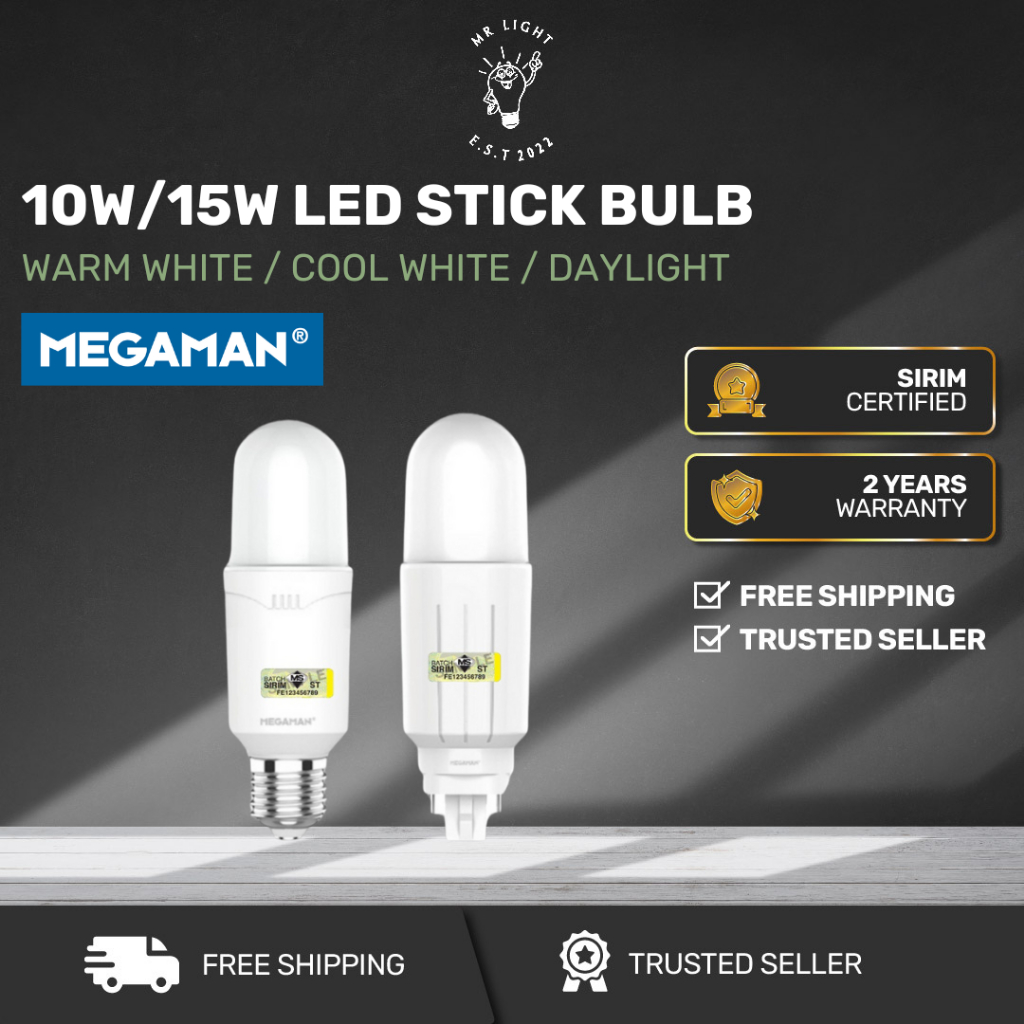 [Mr Light] [SIRIM] MEGAMAN LED Stick Bulb | E27, PLC |10W, 15W | 3000K, 4000K, 6500K, Super ...