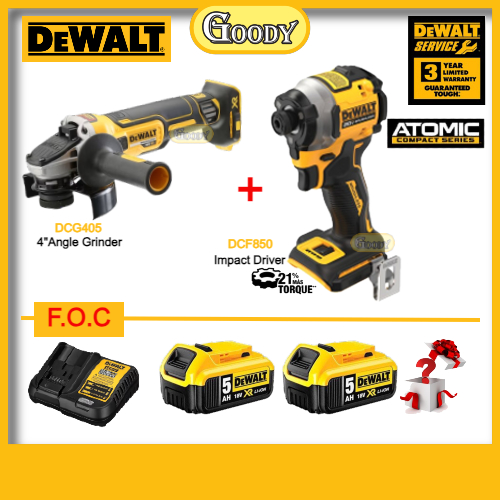 DEWALT DCF850 6.35mm ( 1/4" ) Impact Driver & DCG405 20V 100MM 4" Angle Grinder COMBO SET ...