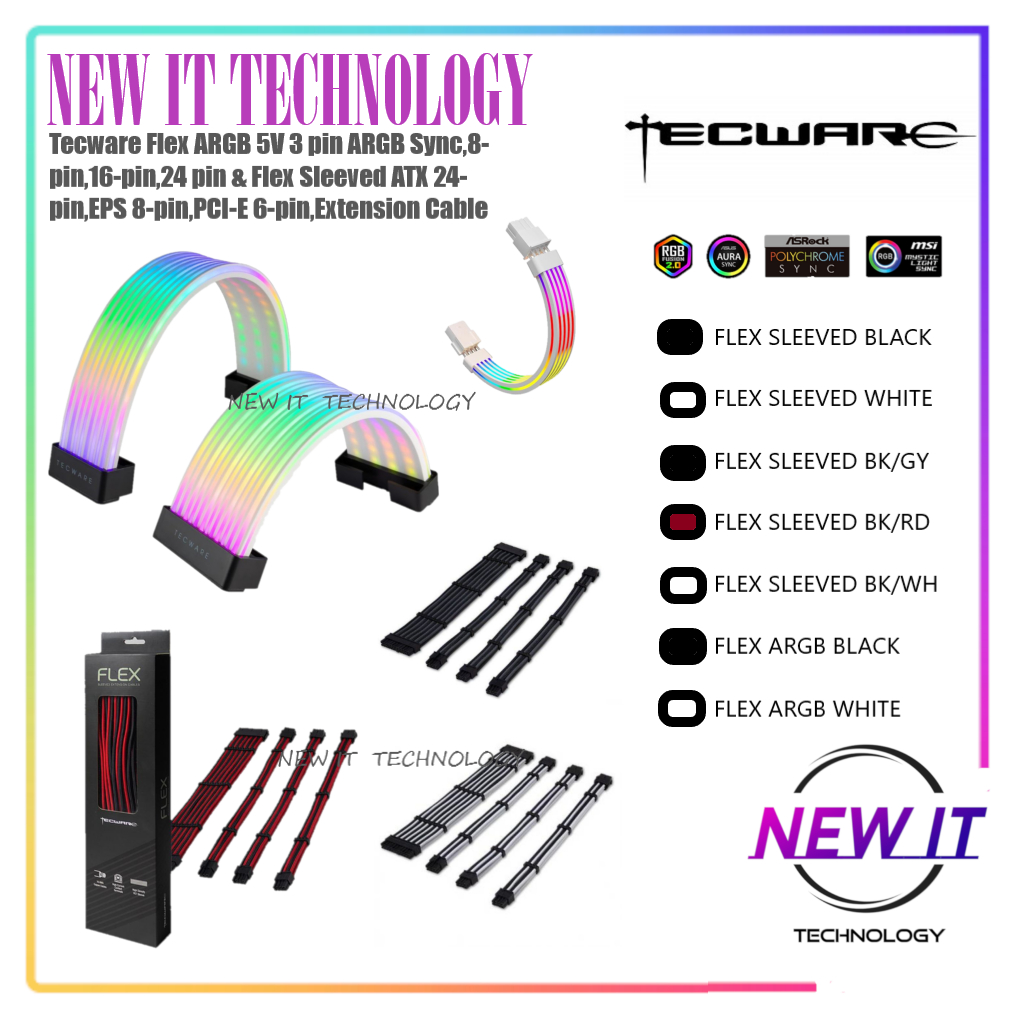 Tecware Flex ARGB 5V 3 pin ARGB Sync,8-pin,16-pin,24 pin & Flex Sleeved ...