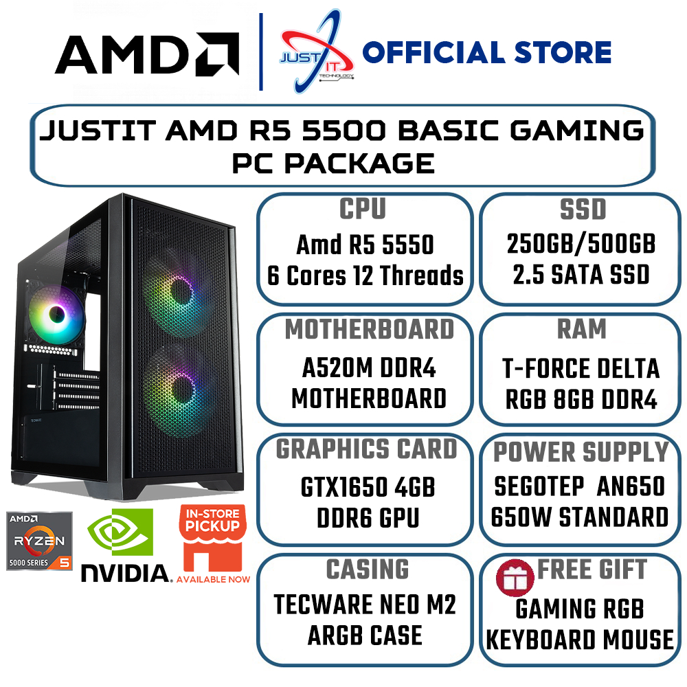JUSTIT AMD R5 5500 BASIC GAMING PC PACKAGE ( 8GB / 240GB & 480GB / GTX1650 & RTX3050 6GB ...