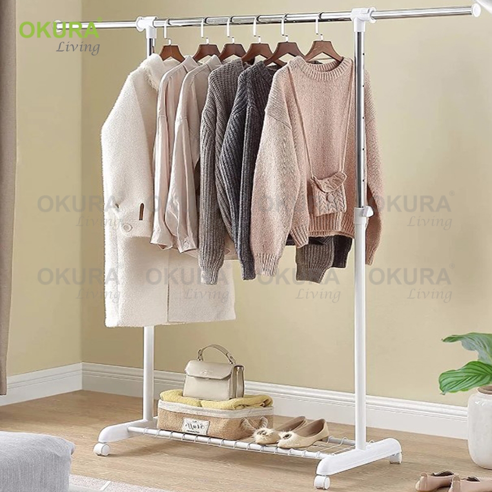 OKURA Heavy Duty Stainless Steel Single Garment Rack with Storage Shelf ...