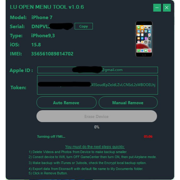 LU Open Menu FMI Off Tool for iOS 12-17.X.X Fast iCloud Removal on All iPhones Windows Tool ...