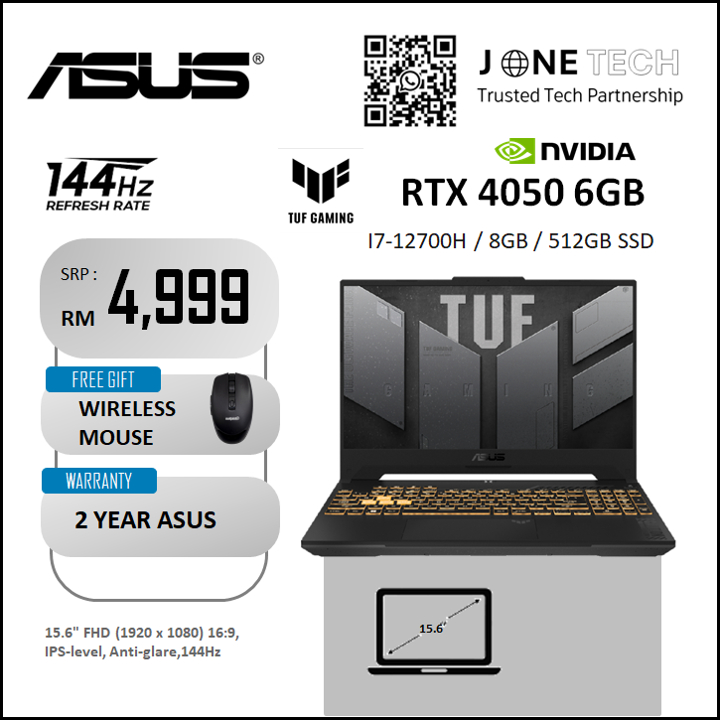 ASUS TUF F15 FX507Z Gaming Laptop 15.6" FHD 144Hz ( I7-12700H / 8GB, 16GB / 512GB / RTX 4050 ...