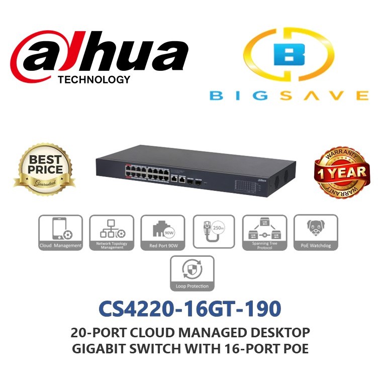 DAHUA CS4220-16GT-190 20-PORT CLOUD MANAGED DESKTOP GIGABIT SWITCH WITH 16-PORT POE | Shopee ...