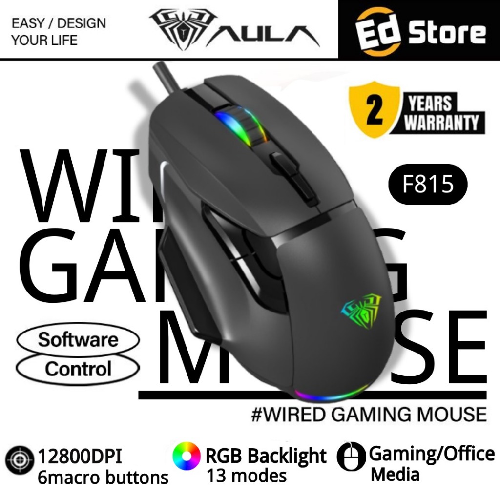 AULA F815 Gaming Mouse 12800 DPI RGB Wired Gaming Mouse with 13 Backlit Modes & 6 Programmable ...