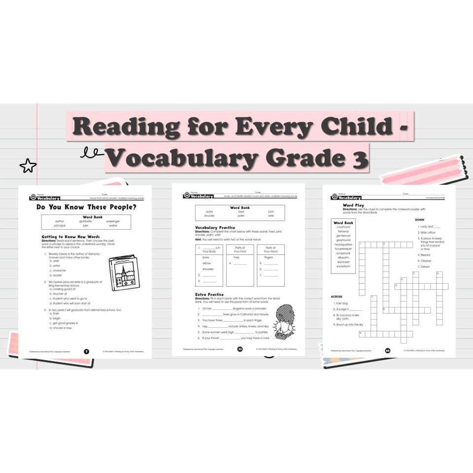 [P375] 82 pages Reading for Every Child -Vocabulary Grade 3 Worksheet ...
