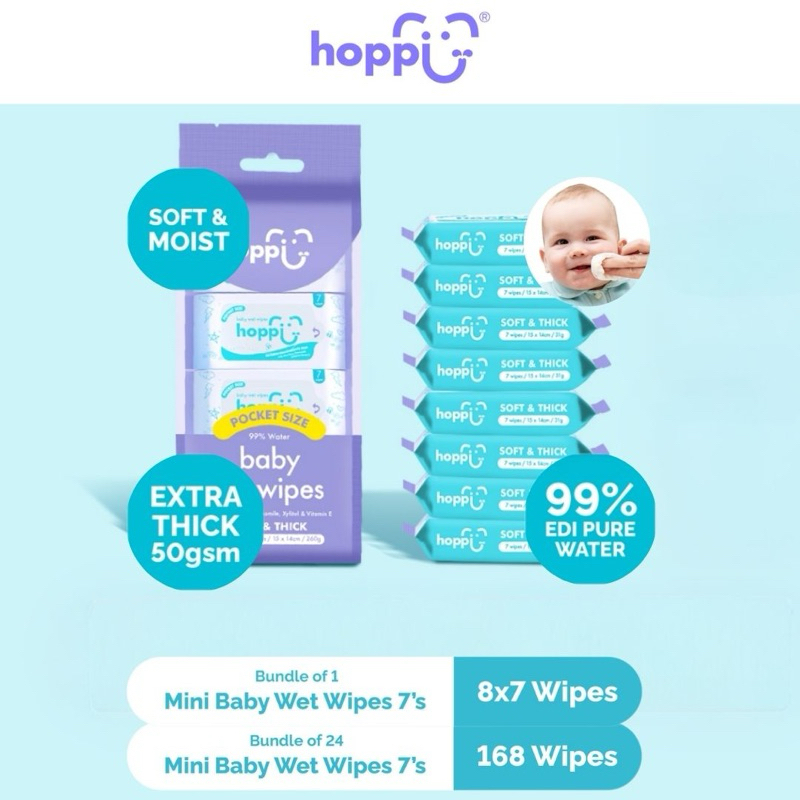 Hoppi Premium 99% Mini Baby Water Wipes (7 Wipes x 8 Packs)/ (7 Wipes x ...