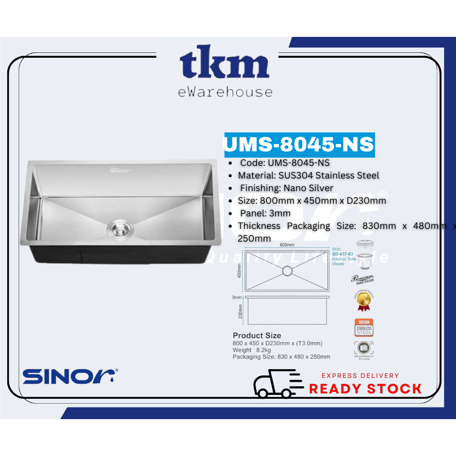 Sinor UMS-8045-NS SUS304 Stainless Steel Nano Big Single Bowl Kitchen ...