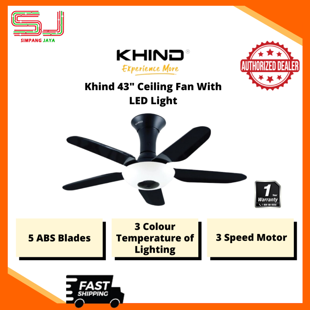 Khind 43" Ceiling Fan | 80W | With LED Light | 3 Speed | Fan Timer | 5 ...