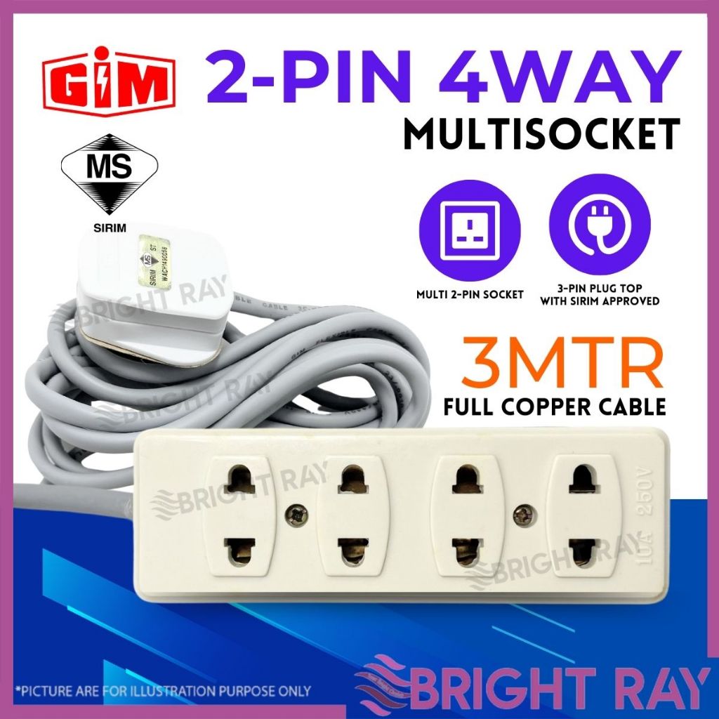 GIM 2-PIN 4-WAY 3M TRAILING EXTENSION SOCKET Socket For 2Pin Flat/Round ...