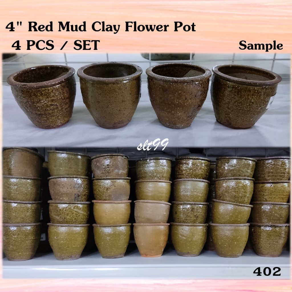 Flower Pot Red Mud Clay Pot 4" 4 PCS/SET #02 Pasu Bunga Tanah Liat ...