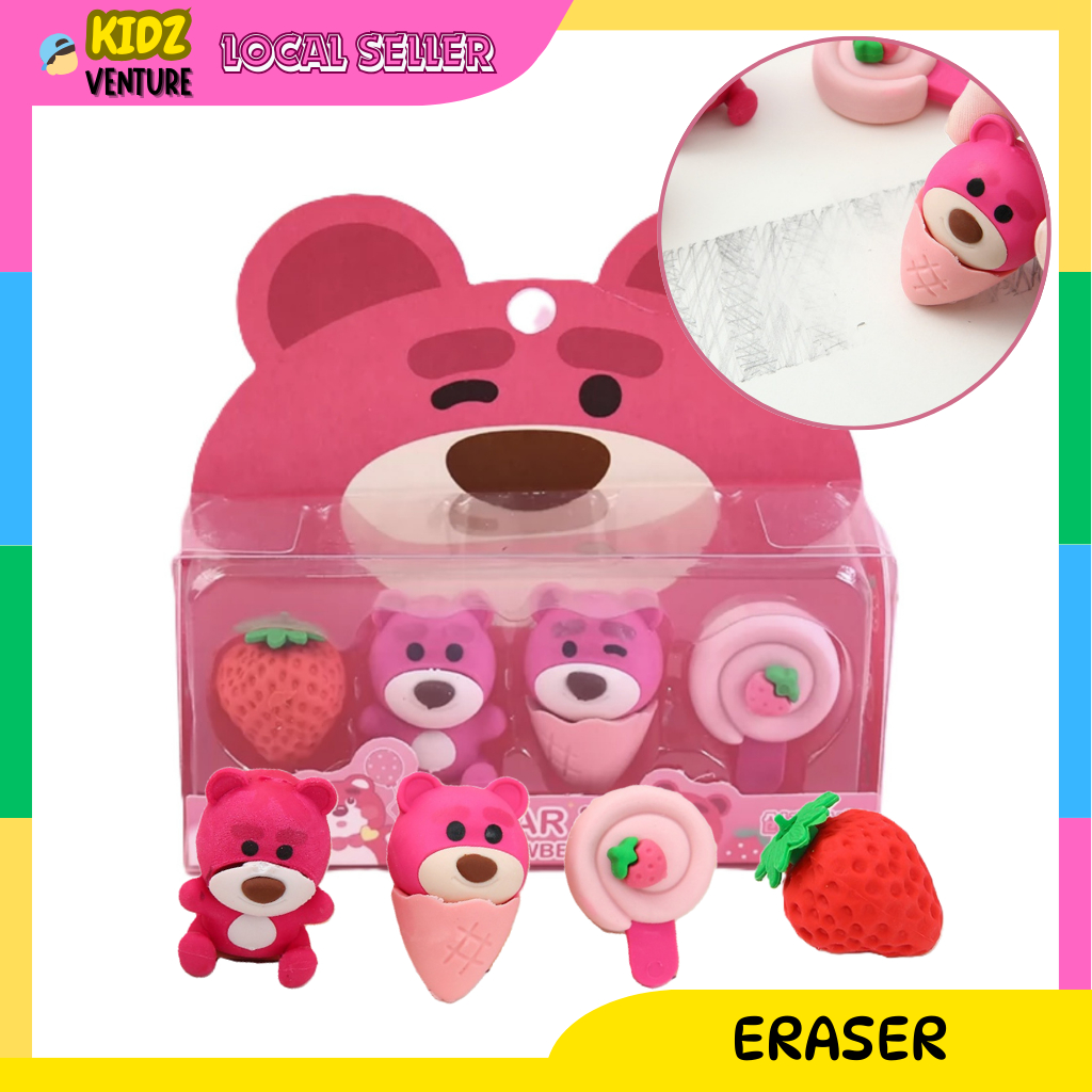(READY STOCK)Strawberry Bear Eraser 4Pcs/1Box Creative Eraser Student Gift Cute Stationery ...