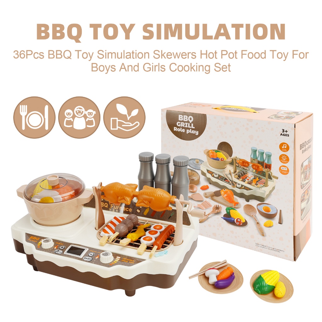 36Pcs BBQ toy BBQ grill Cooking set toys Pretend play kitchen Music ...
