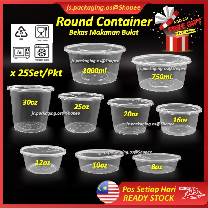 Round Container with Lid 25set Bekas Makanan Bulat 8oz/10oz/12oz/16oz ...