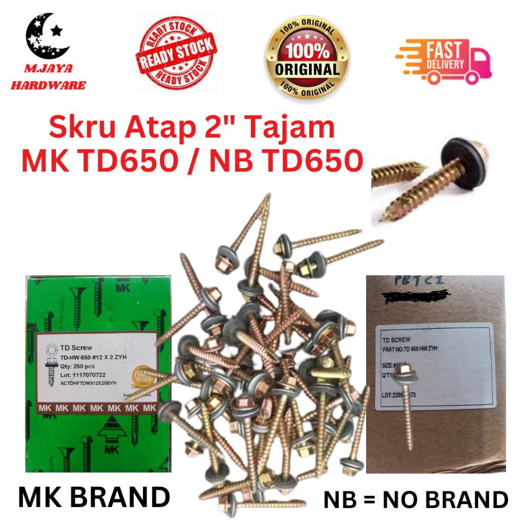 250pcs/BOX MK/NB Screw Atap Tajam TD-HW 650 #12 x 2" Hex Self Drilling ...