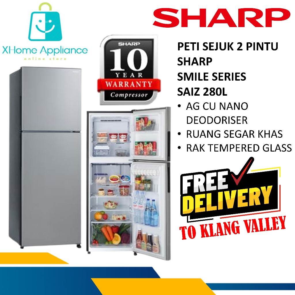 SHARP 280L 2 Door Non-Inverter Refrigerator AG CU Nano Deodoriser ...