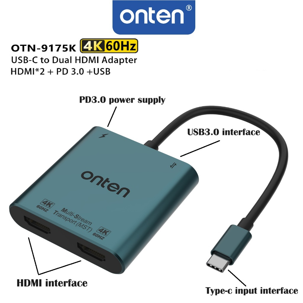 Onten 4 in 1 USB-C / Type-C to Dual HDMI + USB 3.0 + PD3.0 USB-C / Type ...