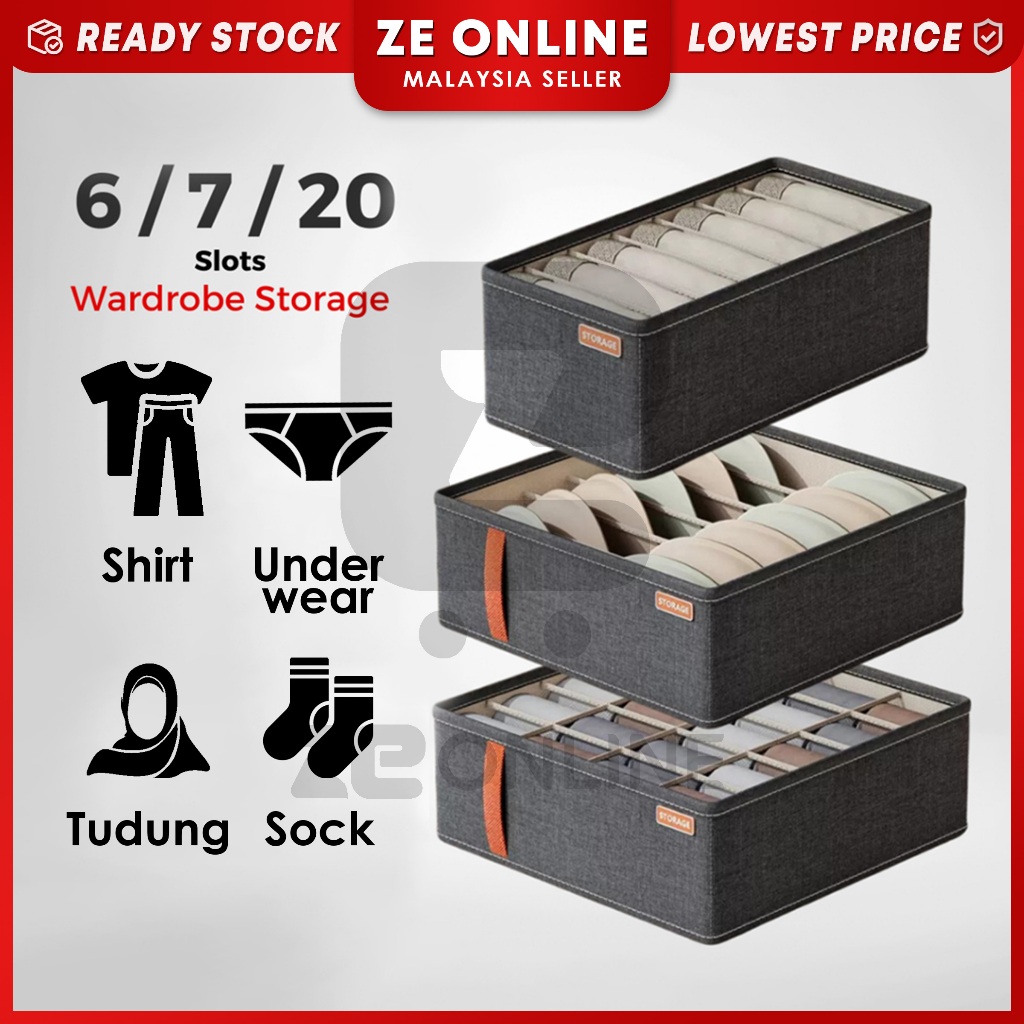 6/7/20 Slots Oxford Underwear Tudung Clothes Organiser Box Stackable ...