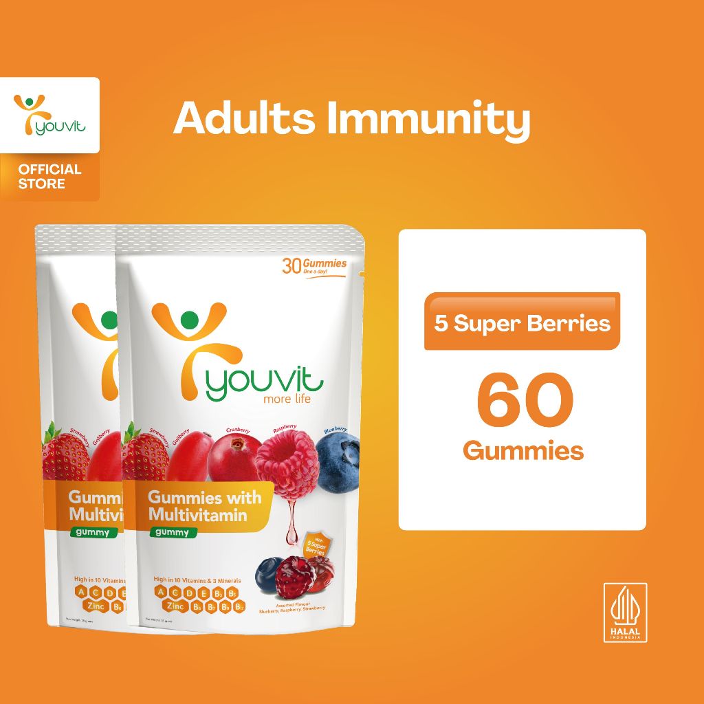 Youvit Adults Multivitamin Gummy 60 Day (60 Pcs) dengan Vitamin C, Vitamin D, Zink untuk Menjaga ...