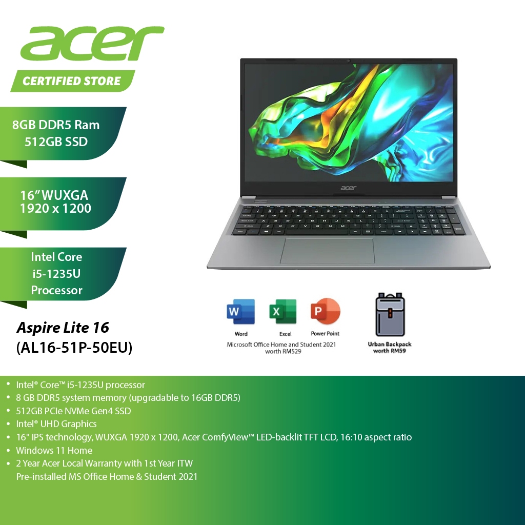 Acer Aspire Lite 16 AL16-51P-50EU 16" WUXGA Laptop Steel Grey ( i5-1235U, 8GB, 512GB SSD, Intel ...