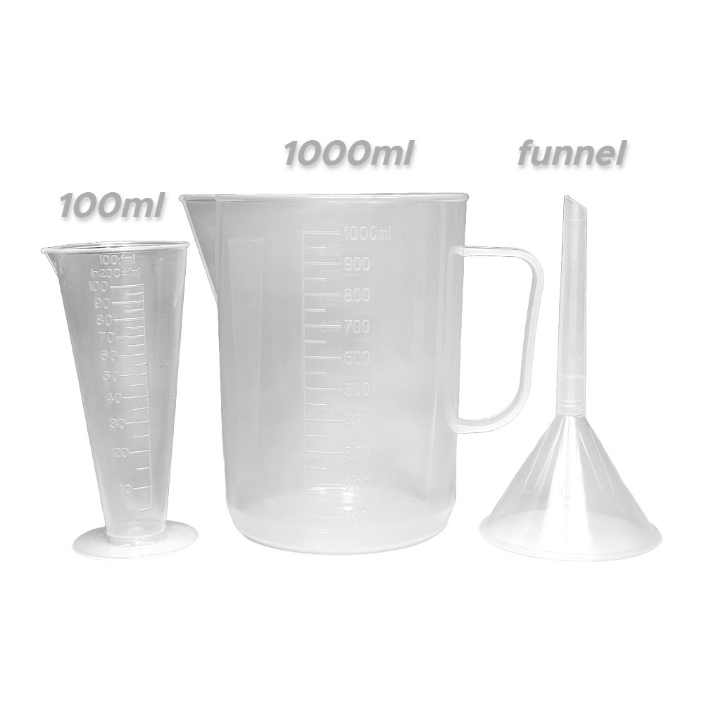 Measuring Cups & Funnel - 75ml 100ml 1000ml 1 Liter - Chemical Dilution ...