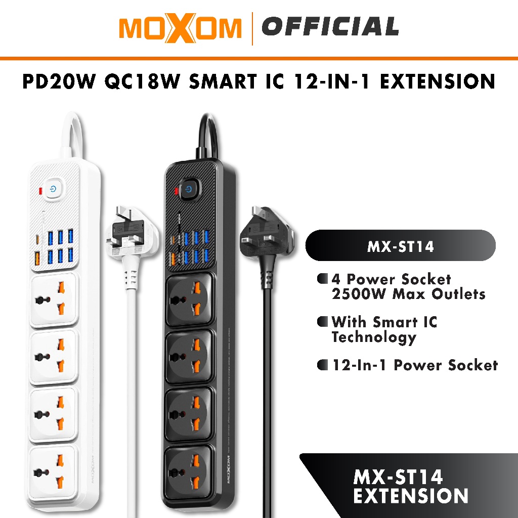 MOXOM PD20W QC18W Smart IC Technology 12-IN-1 Power Strip Extension ...