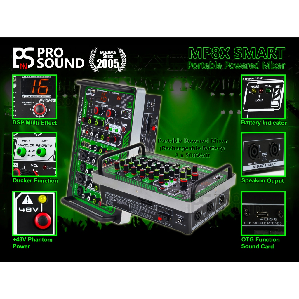PS Pro Sound MP8X Portable Powered Mixer (Built-In Rechargeable Battery ...
