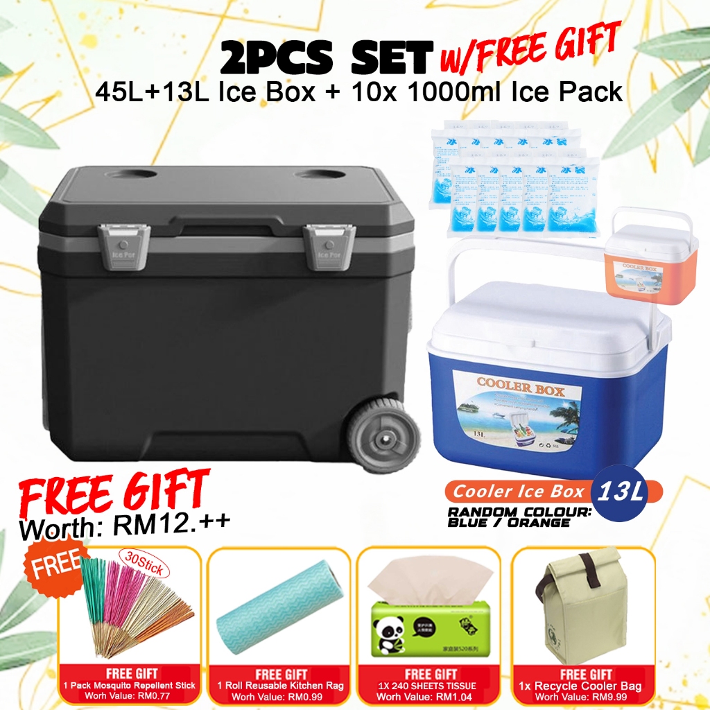 45L Cooler Box with Wheel Roller Portable Outdoor Food Storage Camping ...