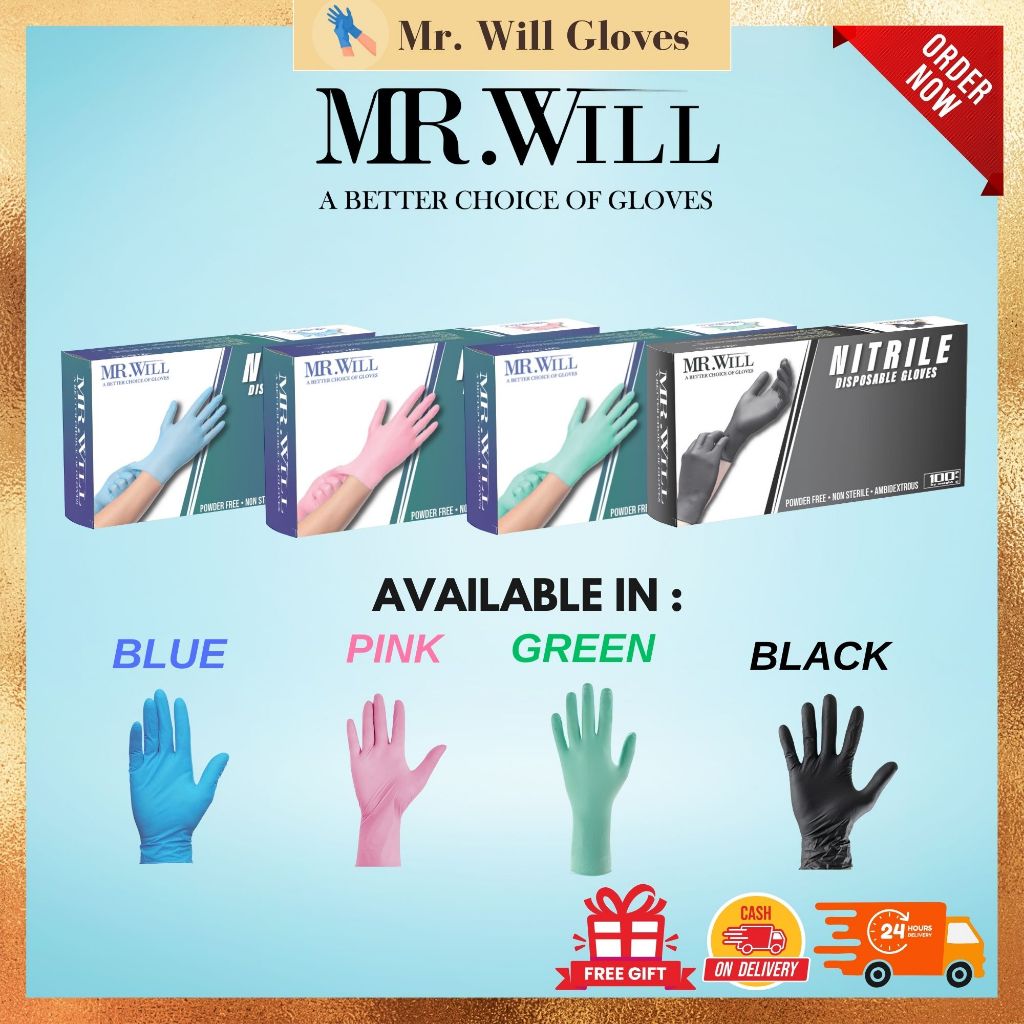 MR WILL Glove Gloves Nitrile Disposable Glove BLUE/PINK/BLACK (100 pcs ...
