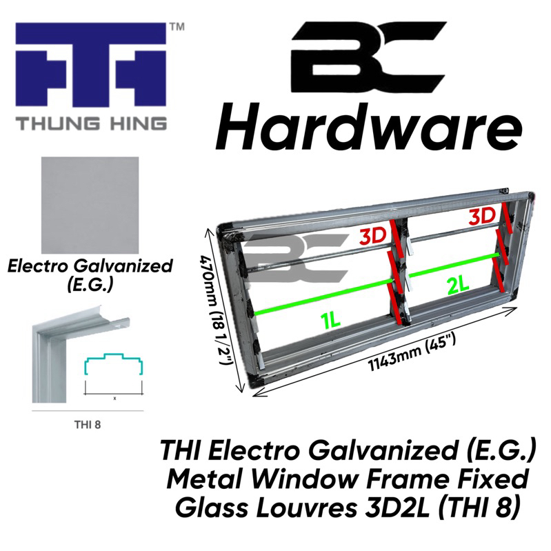 THI 8 E.G. Metal Window Frame Fixed Glass Louvres 3D2L 45" x 18.5 ...