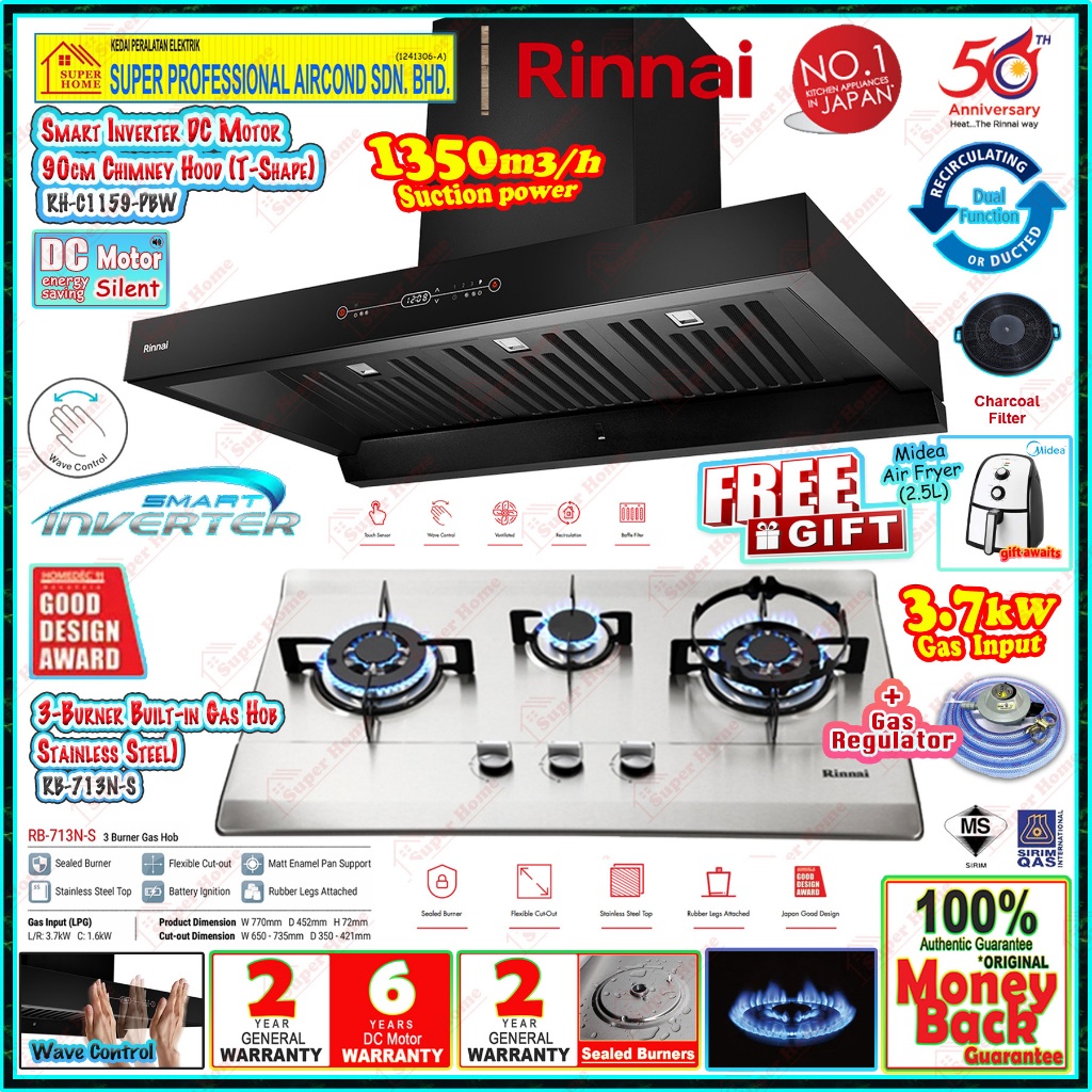 Rinnai Chimney Hood RH-C1159-PBW Cooker Hood / Rinnai Gas Hob RB-713N-S 3-Burner Built-in Gas ...