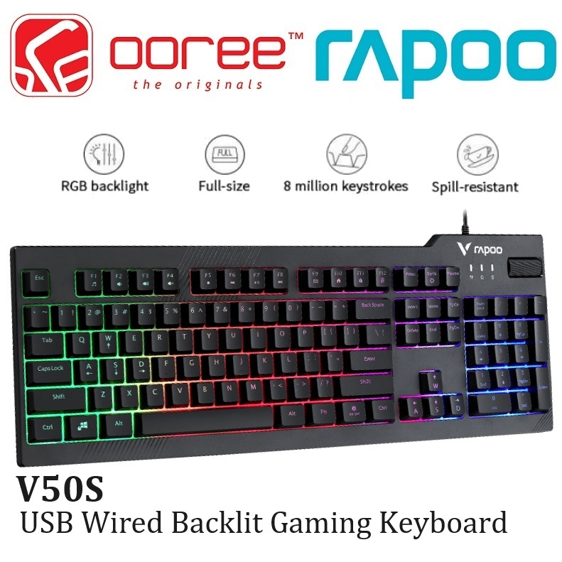 RAPOO V50S USB WIRED GAMING KEYBOARD WITH MIXED COLOR BACKLIT / 104 KEY / SPILL RESISTANT / ANTI ...