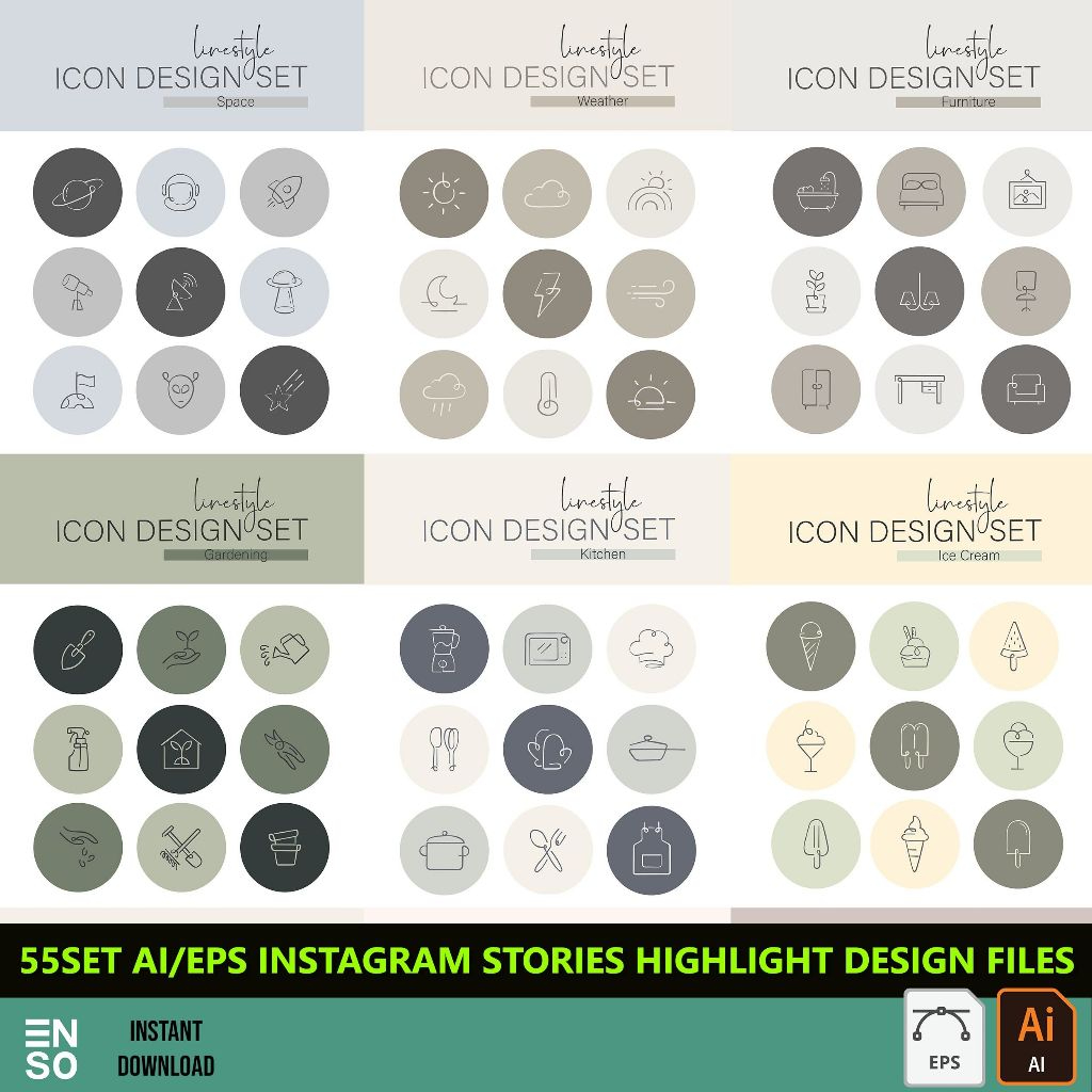 55-Set AI/EPS Insta Stories Highlight Design Files | Editable Adobe ...