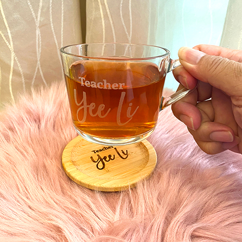 Personalised customized Glass mug with bamboo coaster Custom Nama Anda ...