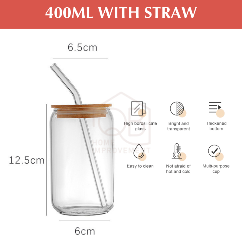 Transparent Glass Cup With Straw With Handle Botol Air 400ml 540ml Gelas Cawan Kaca Doorgift ...